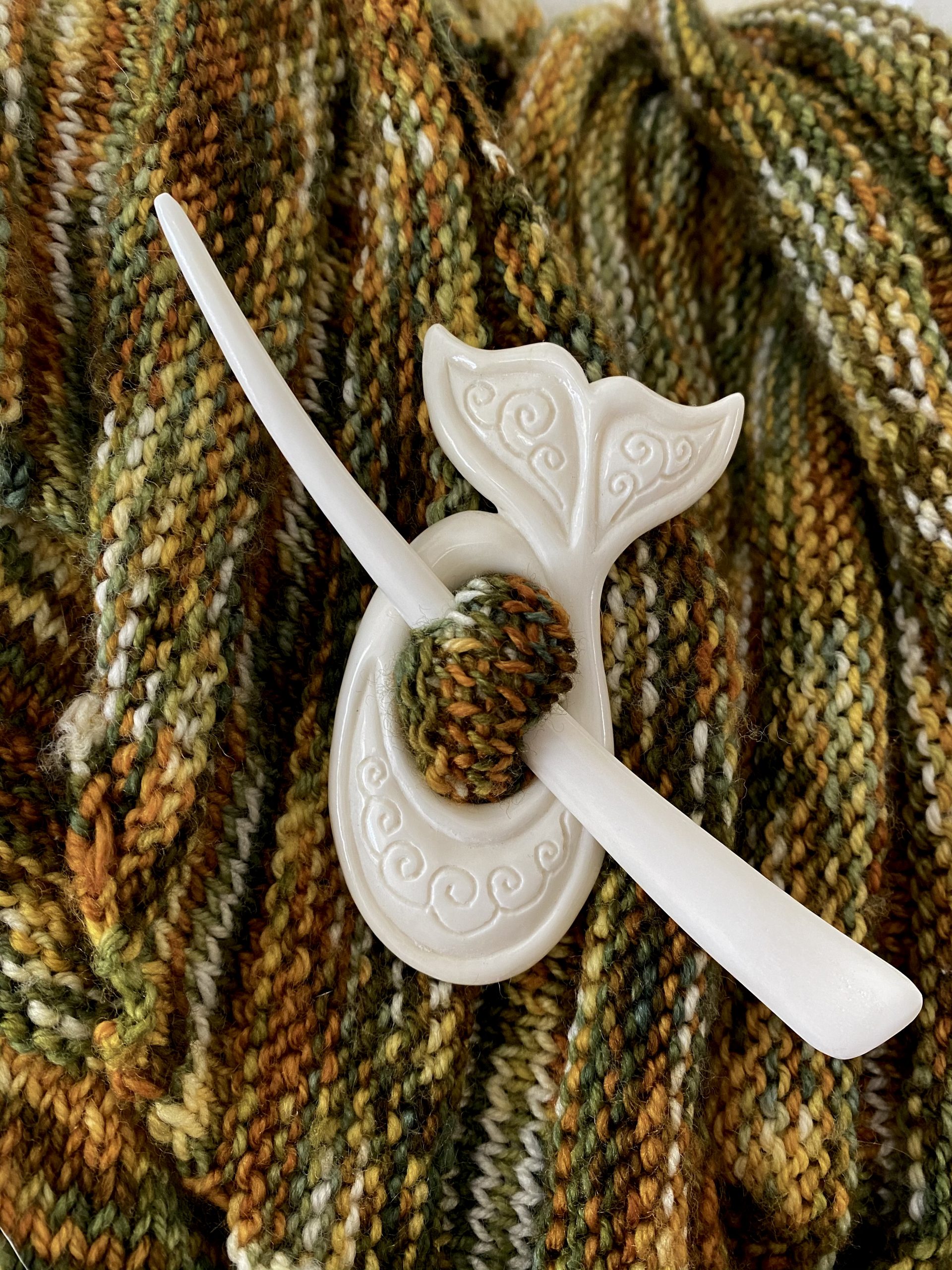 Celtic Carved Bone Shawl Pin Whale Tail Hair Pin - Cabin Fever Carving